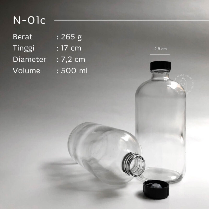 Botol kaca clear boston round 250ml, 500ml dan 1000ml - Kaca Dimana Mana