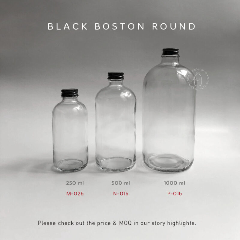 Botol kaca clear boston round 250ml, 500ml dan 1000ml - Kaca Dimana Mana