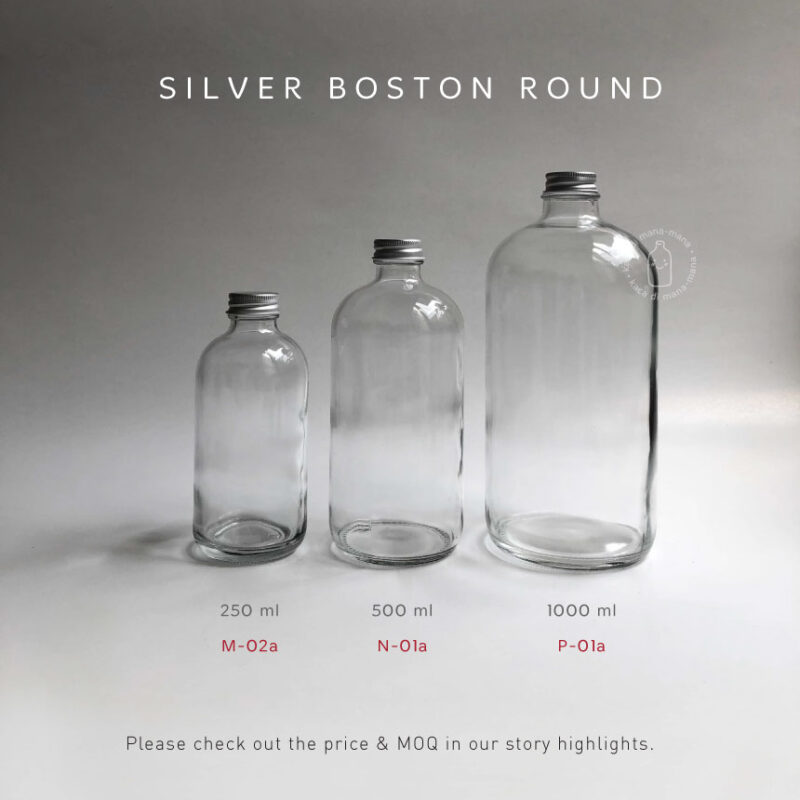 Botol kaca clear boston round 250ml, 500ml dan 1000ml - Kaca Dimana Mana