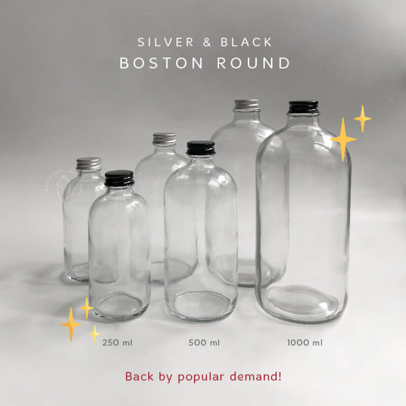Botol kaca clear boston round 250ml, 500ml dan 1000ml - Kaca Dimana Mana